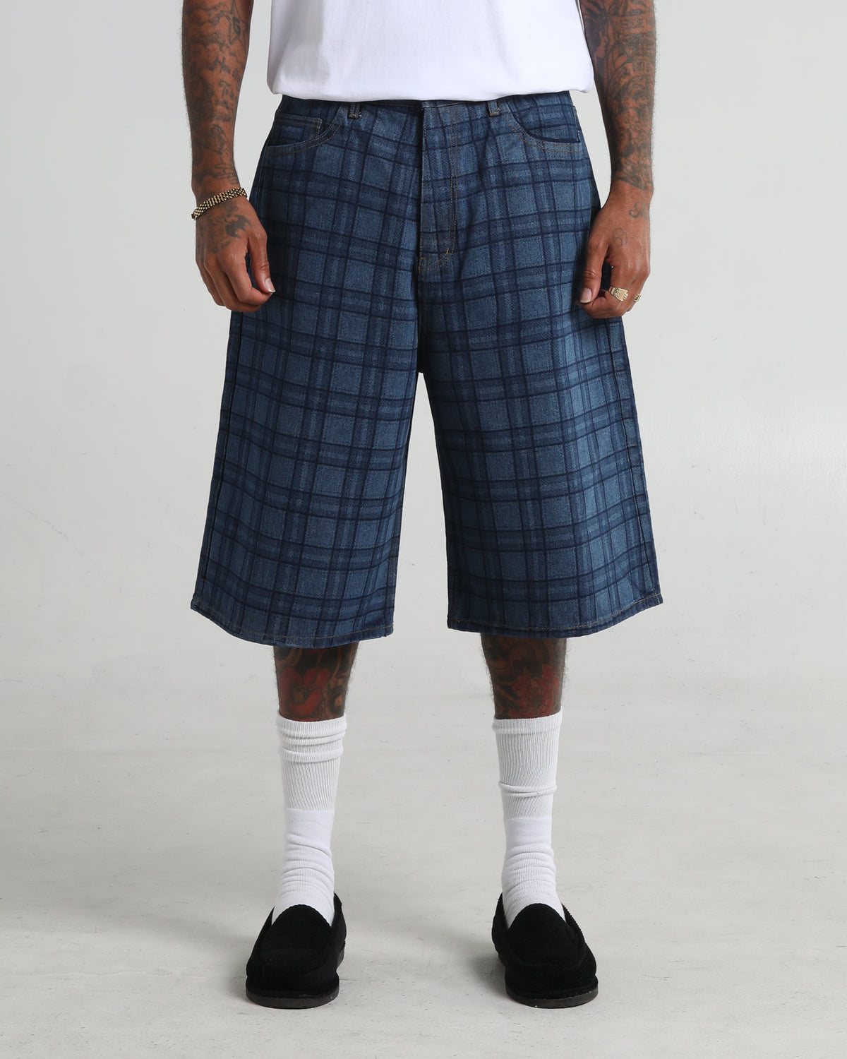 Lasered Plaid Denim Shorts
